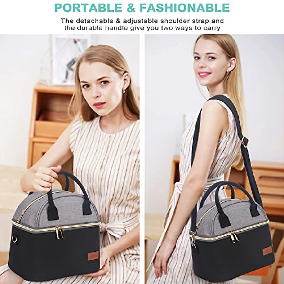 Urtala Insulated Lunch Bag for Women, 9L Dual Compartment Lunch Box with Shoulder Strap, Reusable Cooler Bag for Adult Office Work Outdoor Picnic, Black Gray