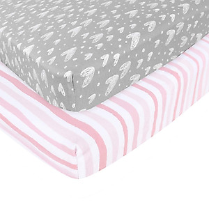 Pack n Play Fitted Sheet, Soft Jersey Cotton Portable Playard Sheets, 2 Pack Mini Crib Sheets, Unisex, Preshrunk,Grey and Pink