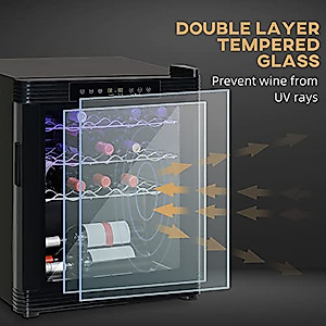 HOMCOM 18 Bottle Wine Cooler, Mini Beverage Fridge, Freestanding Wine Cellar with Digital Temperature Control, 3 Removable Shelves, Glass Door, Alarm Function and LED Lighting, Black