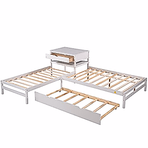 L-Shaped 2 Beds Twin Size & Full Size with Trundle Wood Platform Beds for 3 People Corner Bed Frames with Table for Kids Teens Adults, White