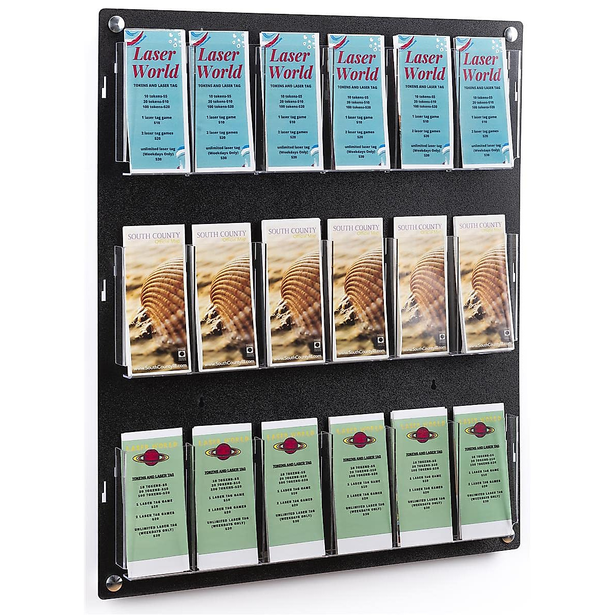 Displays2go Wall Mount Acrylic Brochure Holder, 9-18 Adjustable Pockets, Tiered Design - Black (2RP9BLK)