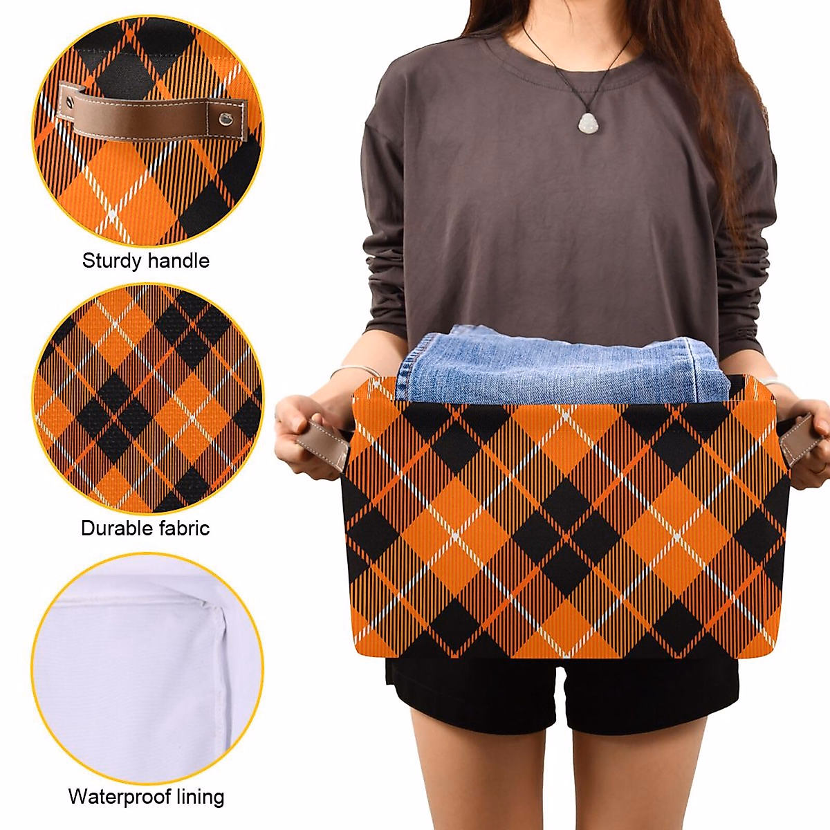 NFMILI Orange Black Plaid Storage Basket, Fabric Storage Cubes Bins, Open Home Storage Bins with Handle 14.2 x 10.2 x 8.3 in