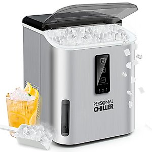 PERSONAL CHILLER Soft Nugget Countertop Ice Maker, 50lbs in 24H,Self-Cleaning Chewable Pellet Ice Machine for Kitchen,Party Bar Office,Camping, Stainless Steel Silver
