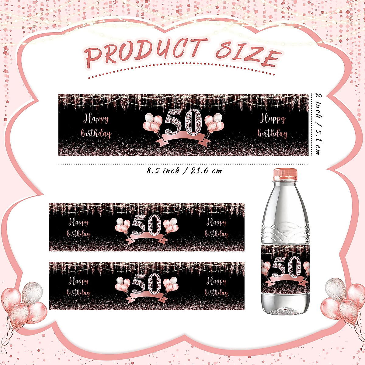 48 Pieces 50th Birthday Party Water Bottle Labels Cheers to 50th Decoration Labels Sticker Black and Rose Gold Bottle Wrappers Congrats 50th Birthday Party Supplies for Party Celebration Decor