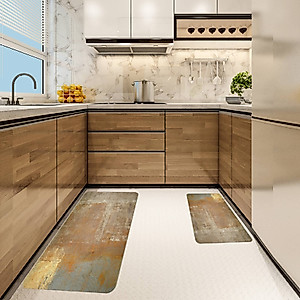 RYANZA 2 Pieces Kitchen Rugs, Abstract Anti Fatigue Non Slip Foam Cushioned Grey and Brown Art Painting Comfort Indoor Floor Mat Runner Rug Set for Laundry Office Sink Bathroom (17"x48"+17"x24")