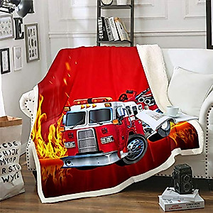 Firefighter Truck Sherpa Blanket Firemen Car Vehicle Fleece Throw Blanket for Bed Couch Sofa Children Bedroom Decor Fire Engine Pattern Plush Blanket Red Fuzzy Blanket Baby 30"x40"