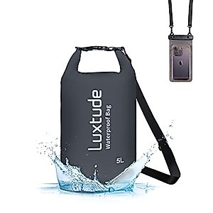 Luxtude Waterproof Dry Bag for Women Men, 5L Thicker Waterproof Backpack with Phone Case, Roll Top Floating Marine Dry Bags for Kayaking, Rafting, Hiking, Swimming, Boating, Beach etc. (Black)