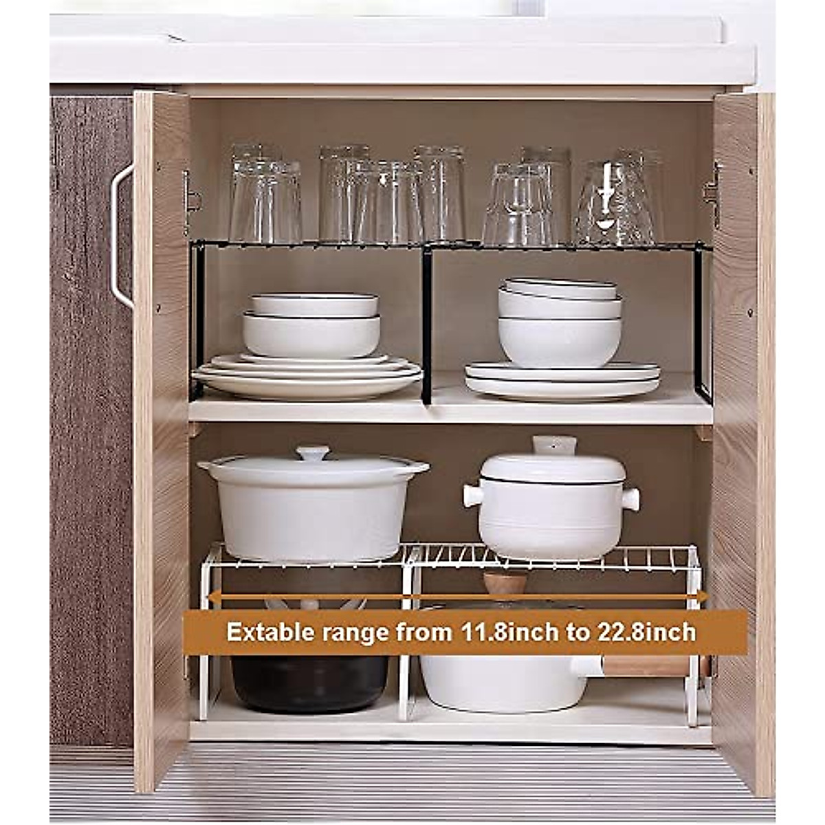 Expandable Stackable Kitchen Cabinet Storage and Counter Shelf Organizer，Shelf Risers,Kitchen Shelves, Cabinet Organization with Spice Rack，Space Saving in Kitchen, Pantry, Bathroom, Bedroom, Office