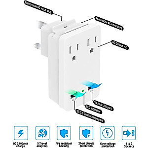 UK Power Adapter, Europe Travel Adapter Kit - QC 3.0 2 USB + 2 US AC Outlets, Travel Plug with 5 Conversion Plugs for US, Europe, UK, Italy, Japan,India and More - Perfect for Laptop, Cell Phones