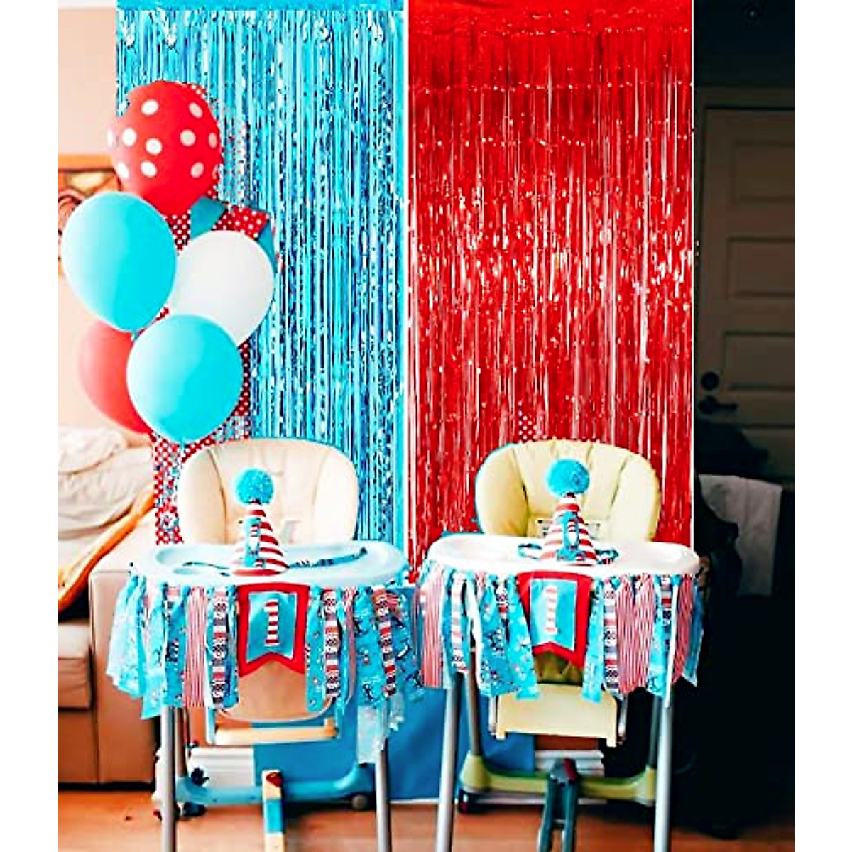 Dr Seuss Cat in The Hat Birthday Party Decorations/Dr Seuss Baby Shower/Thing One and Thing Two Birthday/Red Blue Fringe Foil Curtains Backdrop Circus Carnival Party/Nurse Graduation Deorations