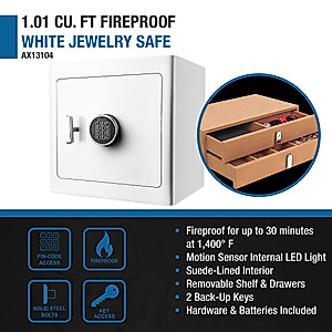 BARSKA Digital Keypad Fireproof Security Jewelry Safe with Suede Lined Drawer, Glass Shelf, Motion Sensor LED - White - 1.01 Cu Ft