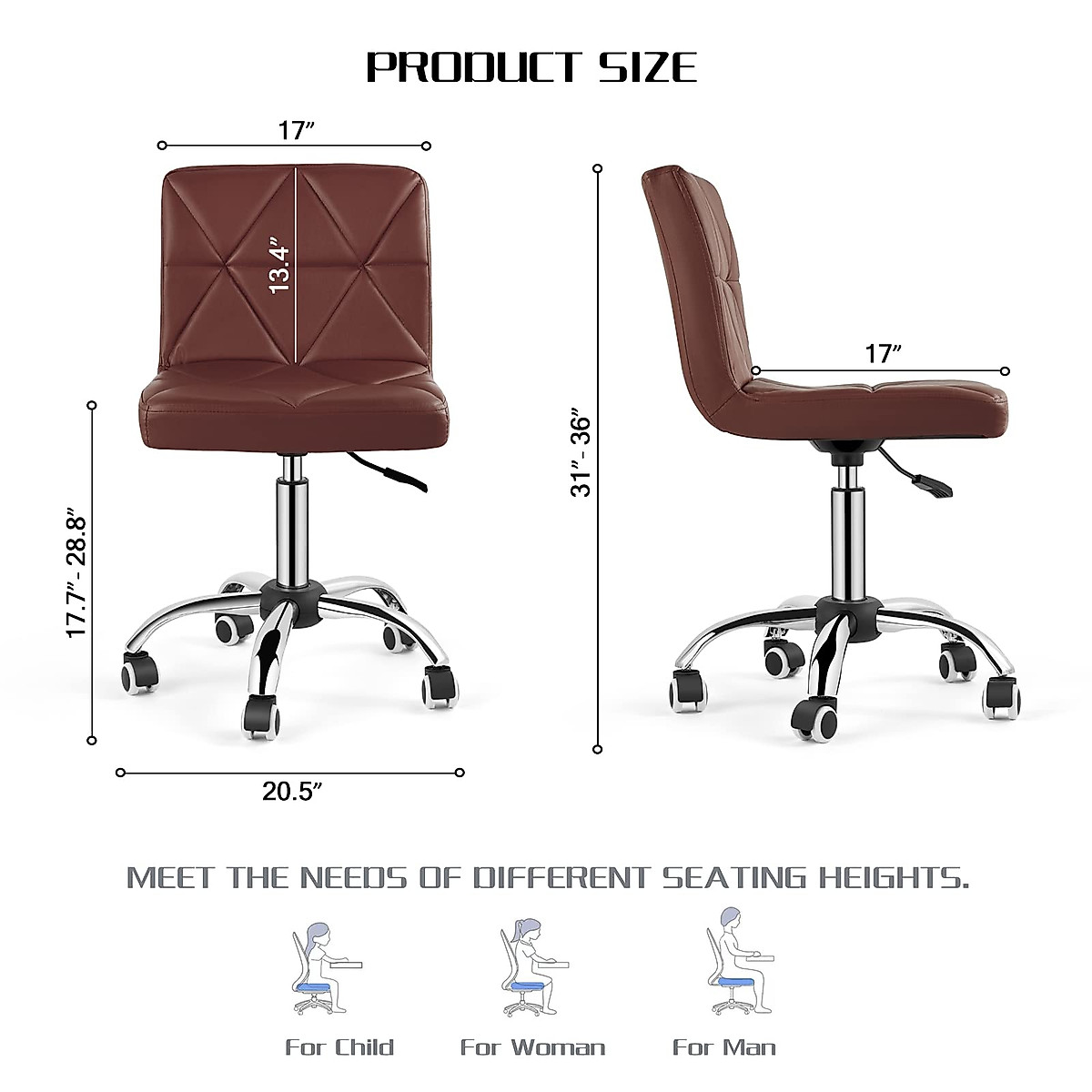 COSVALVE Armless Desk Chair, Low Back 360 Swivel Office Chair, Height Adjustable Executive Conference Task Chair with Rolling Wheels and Diamond Pattern for Home Bedroom Computer Barber, Brown