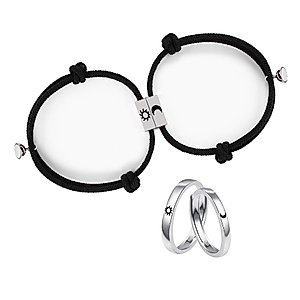 4PCS Sun and Moon Couple Promise Jewelry Set Black Hand-Woven Bracelets Couple Opening Rings for Lovers Best Friends