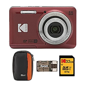Kodak PIXPRO Friendly Zoom FZ55 Digital Camera (Red) Bundle with Camera Case, 32GB Class 10 UHS-I U1 SDHC Memory Card and USB 2.0 Card Reader (4 Items)