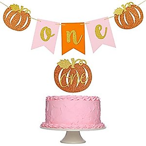 Fall Pumpkin One Banner + Pumpkin One Cake Topper for Thanksgiving Fall Pumpkin Themed 1st Birthday Party Decorations Supplies