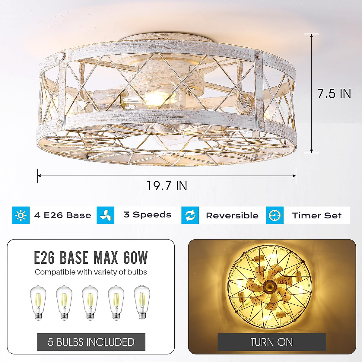 PAZALA Retro White Ceiling Fans with Lights, 20 inch Caged Ceiling Fan Light Fixture with Remote Control, Flush Mount Ceiling Fan with Light for Bedroom, Living Room, Kitchen