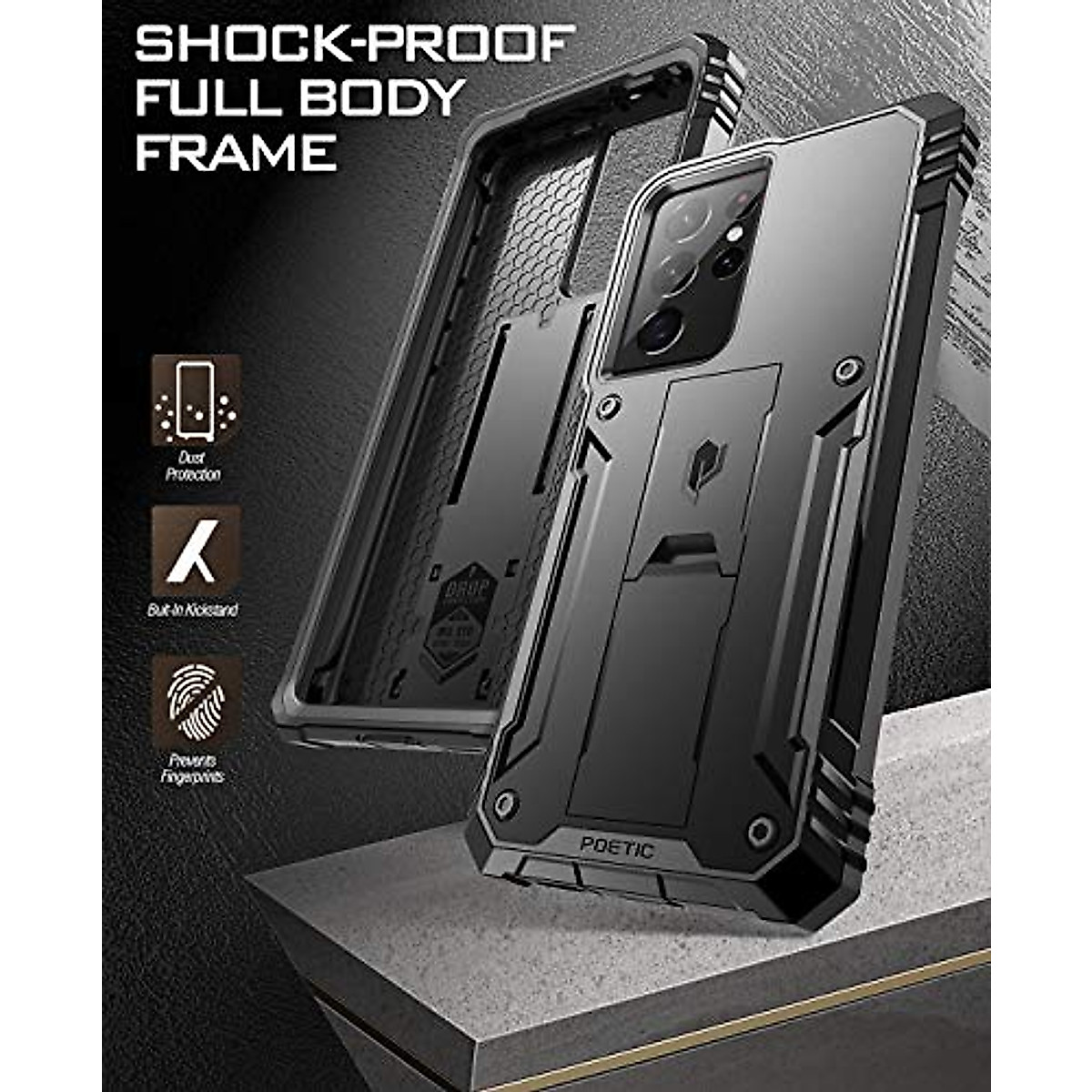 Poetic Revolution Case for Samsung Galaxy S21 Ultra 5G 6.8 inch, Built-in Screen Protector Work with Fingerprint ID, Full Body Rugged Shockproof Protective Cover Case with Kickstand, Black