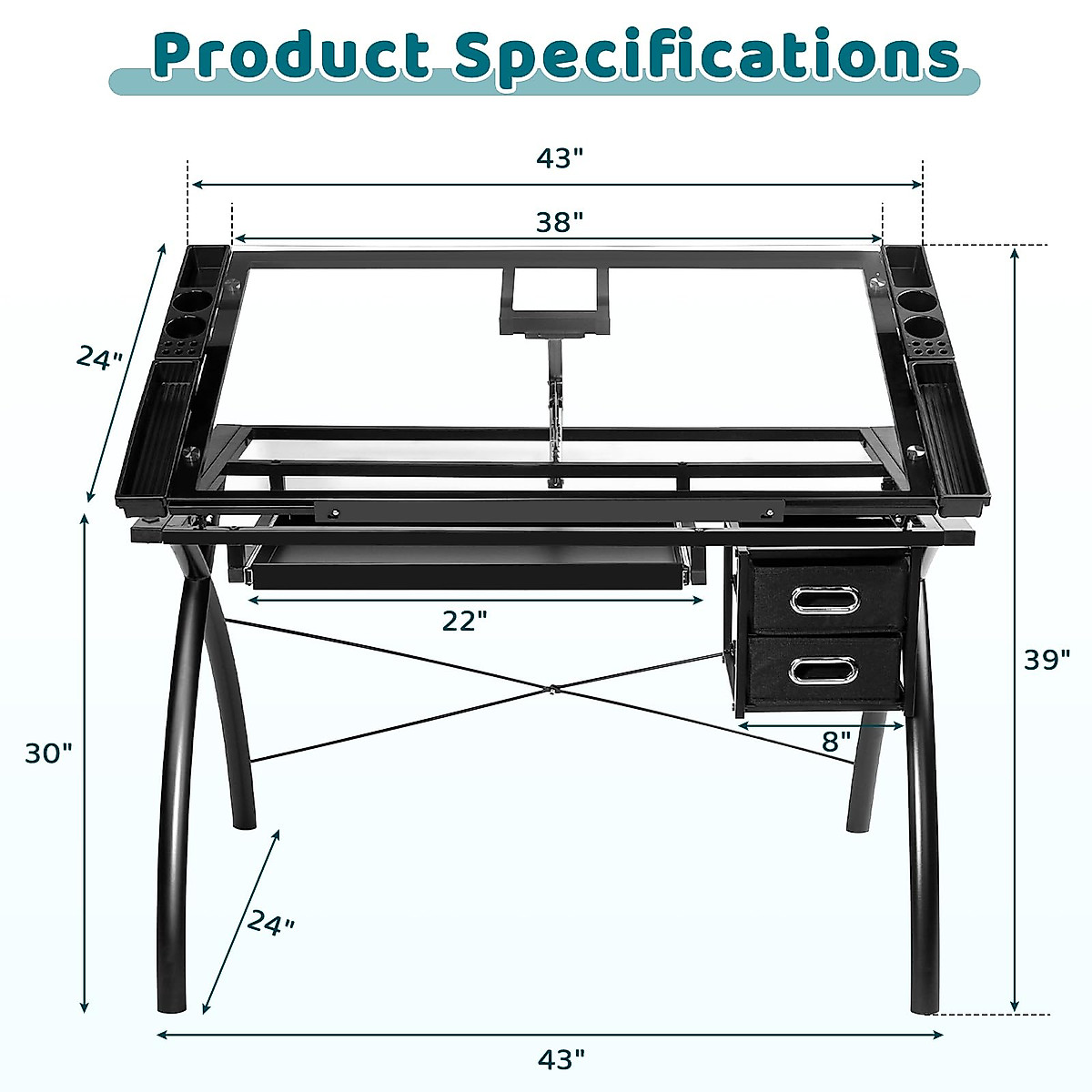 Clevich Glass Tabletop Drafting Table, Drawing Desk w/2 Drawers and Side Tray, 0-65°Angle Adjustable Versatile Art Craft Station, Craft Table w/Sturdy Metal Frame, for Artists Painters Student