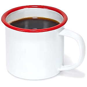 Red Co. Set of 6 Enamelware Metal Small Classic 5 Oz Round Coffee and Tea Mug with Handle, Solid White/Red Rim