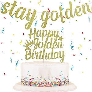 Happy Golden Birthday Cake Topper, Stay Golden Glitter Banner Gold Birthday Decorations Golden Girls Party Supplies Golden Birthday Gifts Hanging Garland for Boys Girls Birthday Baby Shower Party