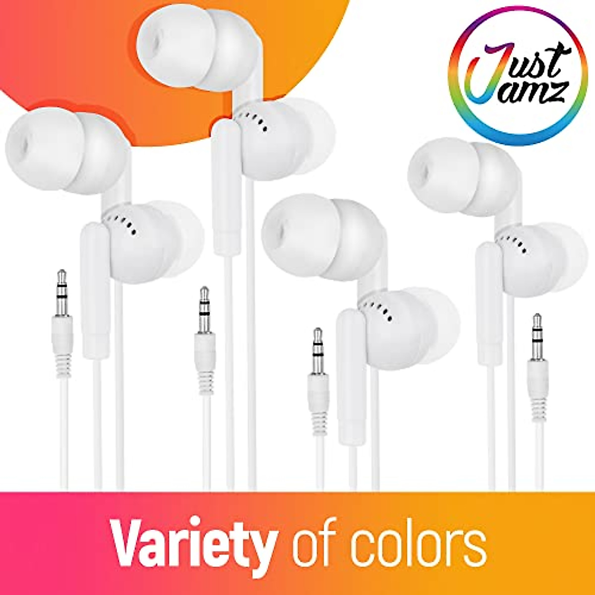 JustJamz Bulk Earbuds 100 Pack | Basic Ear Bud, Pearl White in-Ear Earbuds, Disposable Headphones, Class Set of Earphones for Students, Class, School, Kids, Classroom & Library