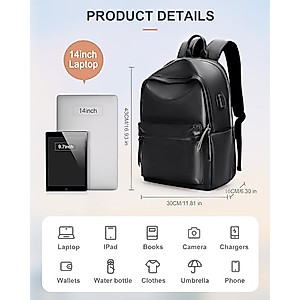 Laptop Backpack Women, Faux Leather Work Travel Backpack for Men with USB Port, Waterproof Fashion Casual Daypack for Business University, Large Capacity Carry On Backpack for Airplanes, Black