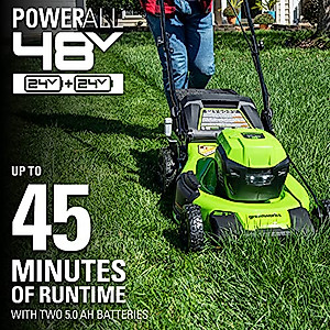 Greenworks 2 x 24V (48V) 21" Brushless Cordless Self-Propelled Lawn Mower, (2) 5.0Ah USB Batteries (USB Hub) and Dual Port Rapid Charger Included
