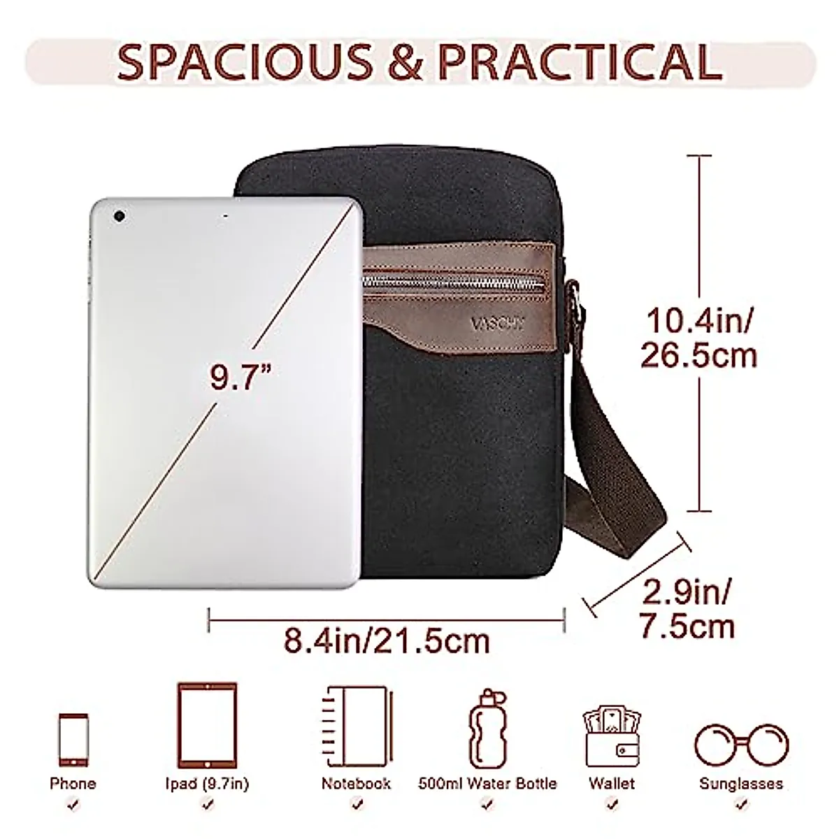 VASCHY Small Messenger Bag, Vintage Leather Canvas Crossbody Shoulder Side Bag for Men Women for Work/Travel Black