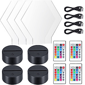 4 Set 3D Night Light LED Lamp Base with Clear Acrylic Sheets Remote Controls and Charging Cables Adjustable 16 Colors 4 Modes for Child Room Bar(Hexagon Style)