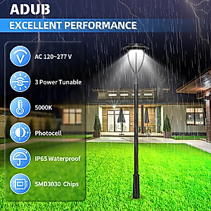 ADUB 150W 120W 90W LED Post Light 21,000 LM, DLC ETL Listed LED Post Light with Photocell 5000K, IP65 Lamp Post Light Outdoor Pole Fixture, Commercial Street Area Lighting for Parking lot Garden Yard