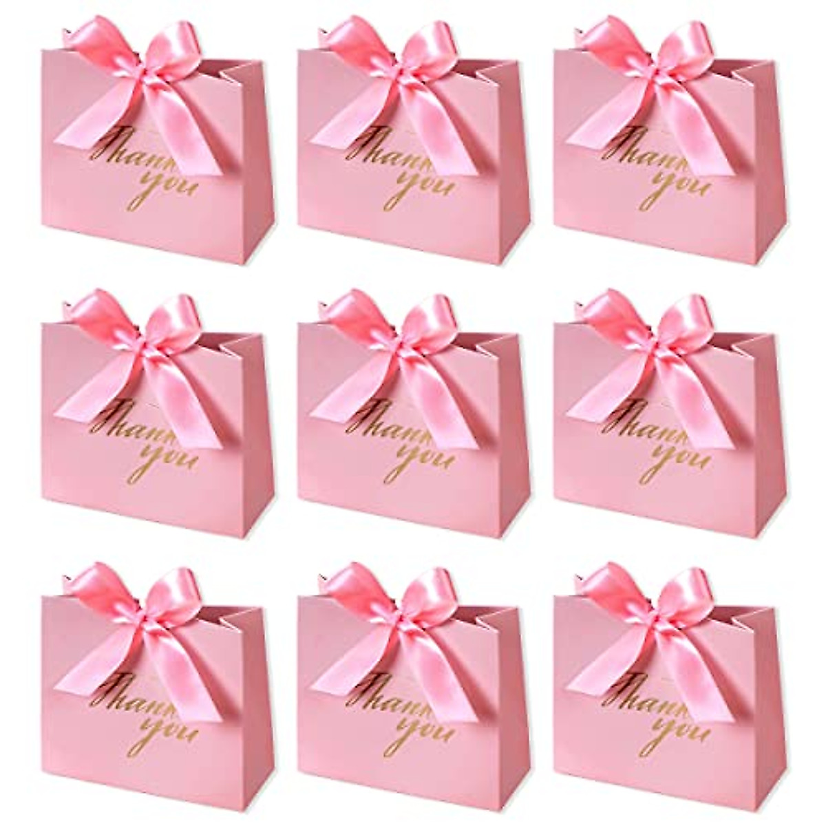 DECHISY 24Pack Small Thank You Gift Bag Party Favor Bags Treat Boxes with Rose Red Bow Ribbon, Pink Pattern Paper Gift Bags Bulk for Wedding Baby Shower Business Party Supplies