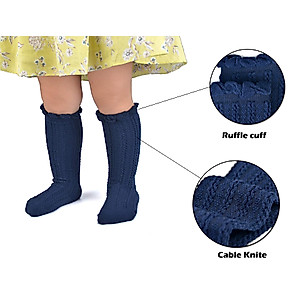 EPEIUS 5 Pairs Little Girls Cotton Uniform Knee High Socks Kids Boys Tube Ruffled Stockings for 6-8 Years,White/Grey/Navy/Yellow/Wine Red