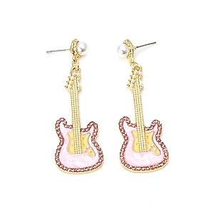Hand Jeweled Guitar Earrings for Women, Teens, Stainless Steel, No Gemstone
