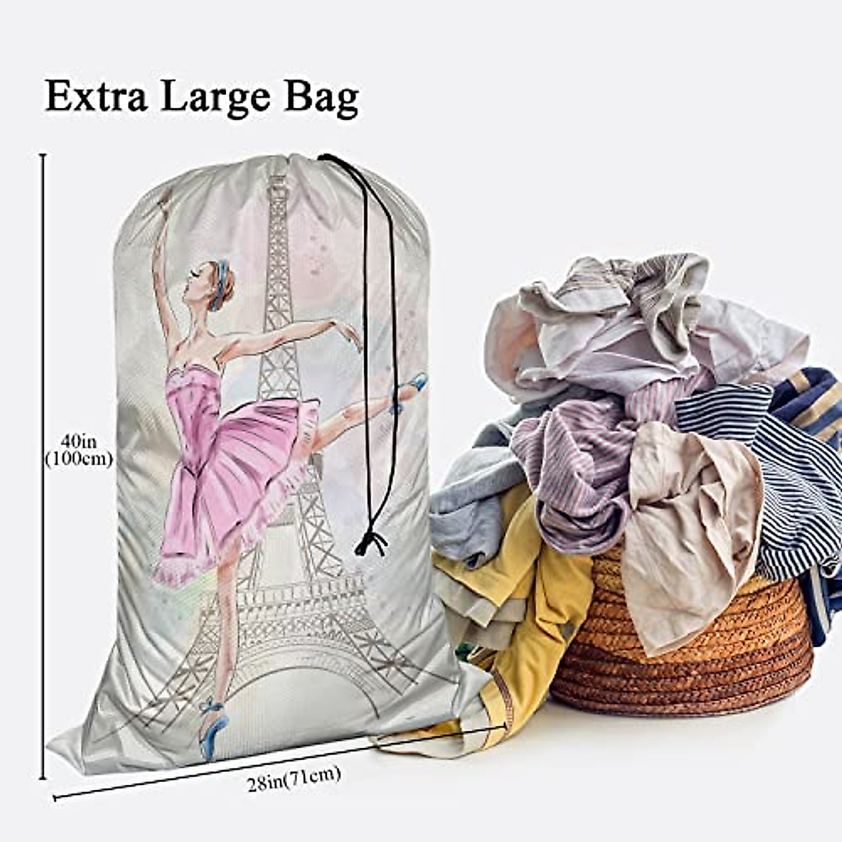 Swono Beautiful Ballerina Large Travel Laundry Bag Washable Wet Dry Bag Large Dirty Clothes Bag Dancer Posing Dancing on Eiffel Tower Bathing Suit Workout Bag for Gym Clothes Laundry Wet Clothes