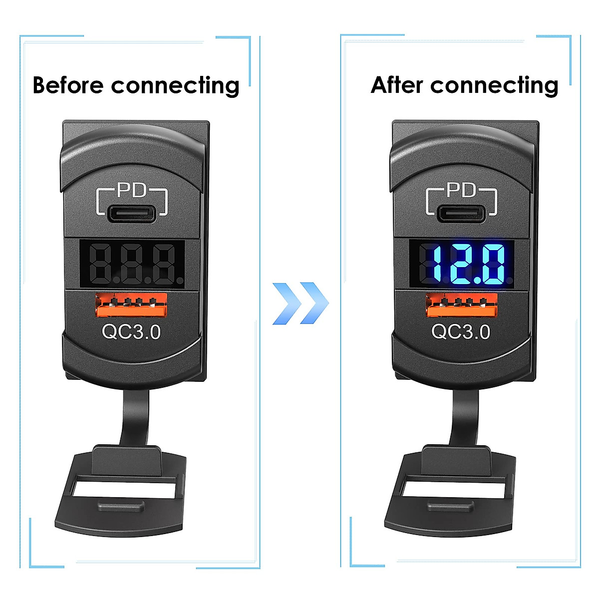 Rocker Style Switch Replacement USB C Car Charger Socket, Dual PD and QC3.0 12V/24V Panel Mount USB Outlet with LED Voltmeter for Boat, Marine, Truck, Bus, Off Road Vehicles, RV, Golf Cart, etc.
