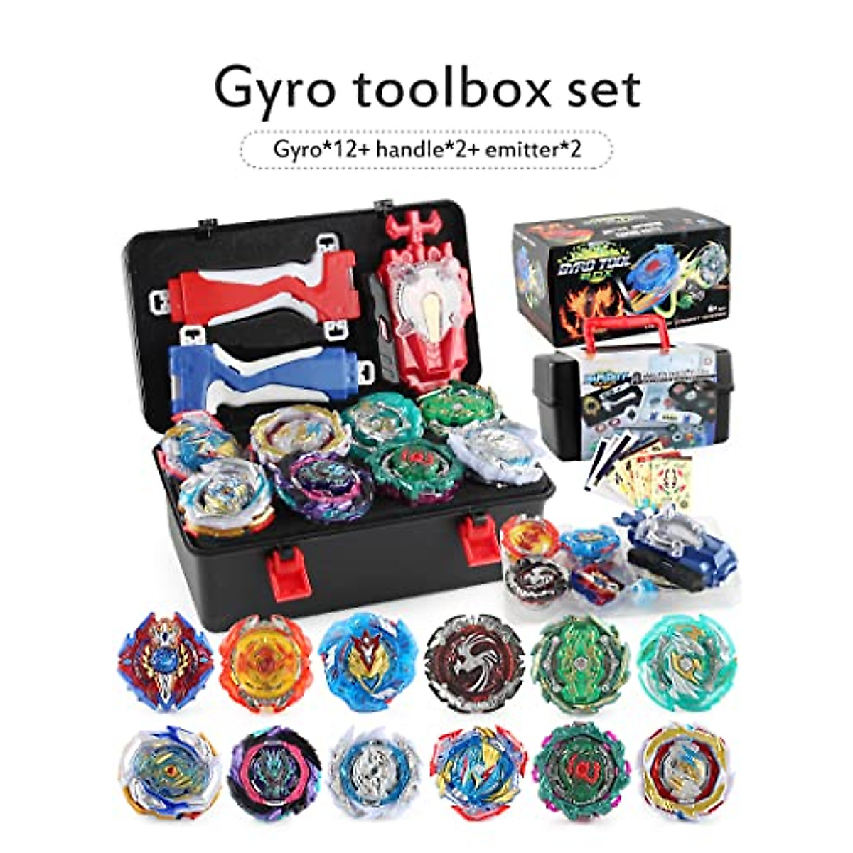 Battling Tops Box Set, Burst Gyro Toys 12 Spinning Tops + 2 Launchers + Stickers Combat Battling Game with Portable Box Gift for Kids Children Boys 499