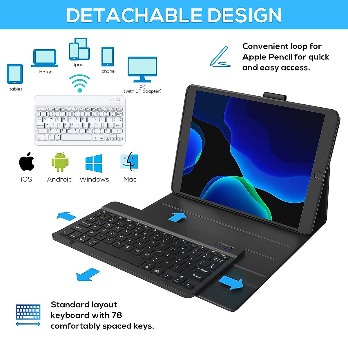 iPad 9th Generation Case with Keyboard, Slim Leather Folio Smart Cover for iPad 2021 9th & 8th & 7th & Air 3rd Gen 7 Color Backlit Keyboard with Pencil Holder, iPad 10.2 2021 & Air 10.5 Compatible