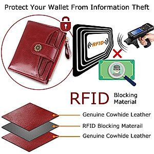 Dyeek Women Genuine Leather Wallet Short Wallet Ladies Purses Luxury Wax Leather Card Holder Large Capacity Multiple Card Position Zipper Coin Pocket(Wine Red) , Medium