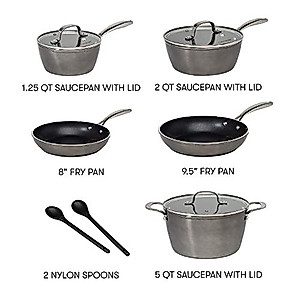Cooking Light Inspire Non-Stick Cookware Set, Dishwasher Oven Safe Pots and Pans, Steam Vented Glass Lids, 2 Nylon Tools Included, 10 Piece, Gunmetal Gray
