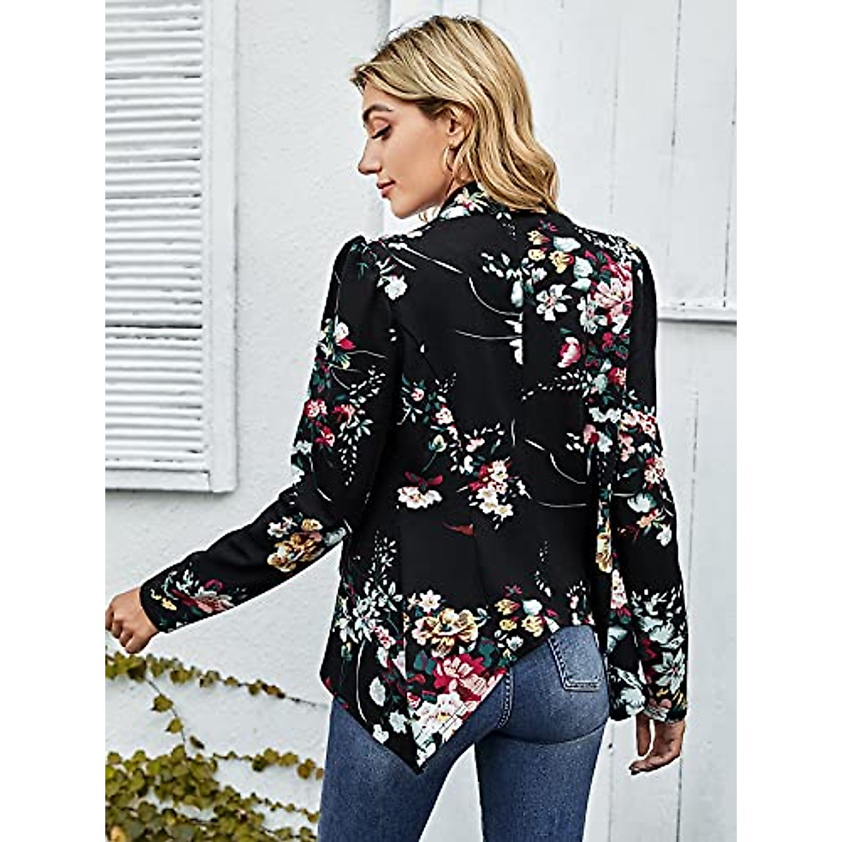 Milumia Women's Floral Print Waterfall Collar Blazer Asymmetrical Hem Suit Outerwear Black X-Large