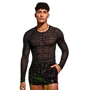 COZYEASE Men's Geo Print Rhinestone Tee Top Long Sleeve Slim Fit Flocking T Shirt Black L