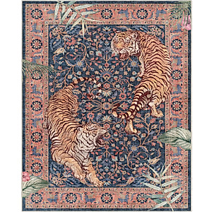 Well Woven Apollo Botanical Tiger Navy Washable Rug – Dining Room & Bedroom, 5'3" x 7'3", Durable
