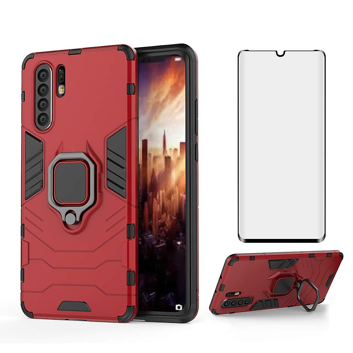 Phone Case for Huawei P30 Pro with Tempered Glass Screen Protector Cover and Magnetic Ring Holder Stand Kickstand Slim Hard Cell Accessories Huwai Hawaii Hwauei Haweii P 30 30pro Men Women Cases Red