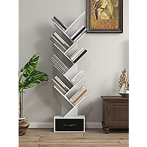 Panana Tree Bookshelf with Drawer, 8-Tier Wooden Storage Rack Wisdom Tree Book Holder Bookshelves Organizer for Living Room, Bedroom, Home Office (White)