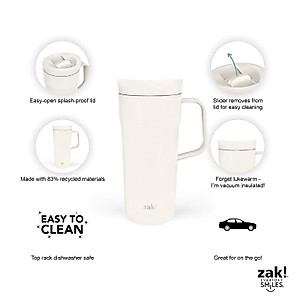 Zak Designs Harmony Tumbler for Travel or At Home, 20oz Recycled Stainless Steel is Splash-Proof and Vacuum Insulated with Slide Lid and Handle (Cream White)