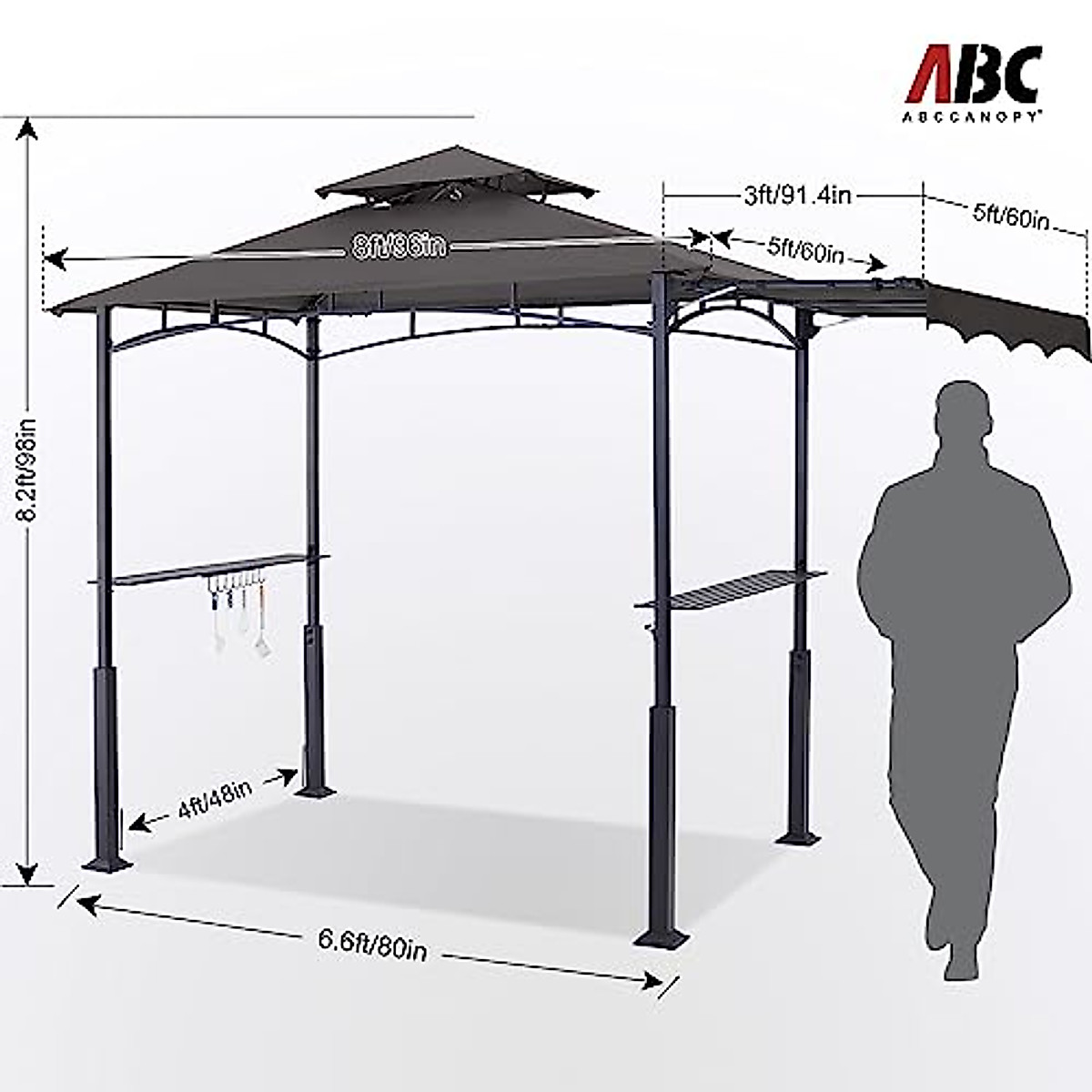 ABCCANOPY Grill Gazebo with Extra Awning - 5'x11' Outdoor Grill Canopy BBQ Gazebo Barbecue Canopy with LED Lights for Backyard, Lawn and Patio (Dark Grey)