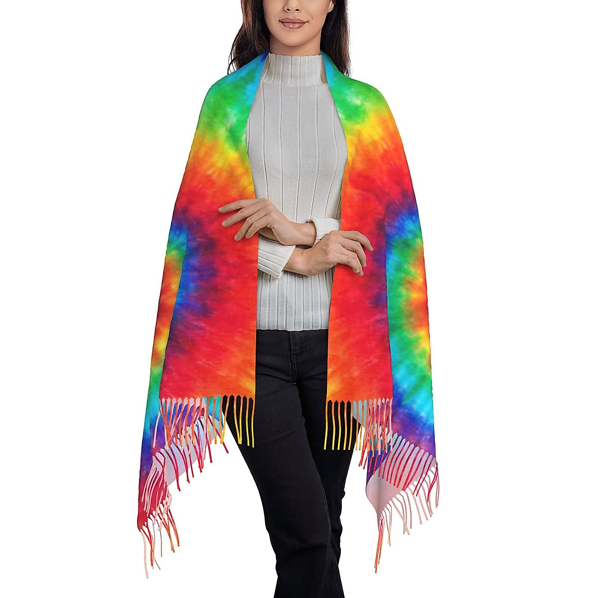 FATTTYCY Spiral Rainbow Tie Dye Soft Blanket Scarf Long Warm Shawl Wraps Cashmere Fringe Scarfs For Women