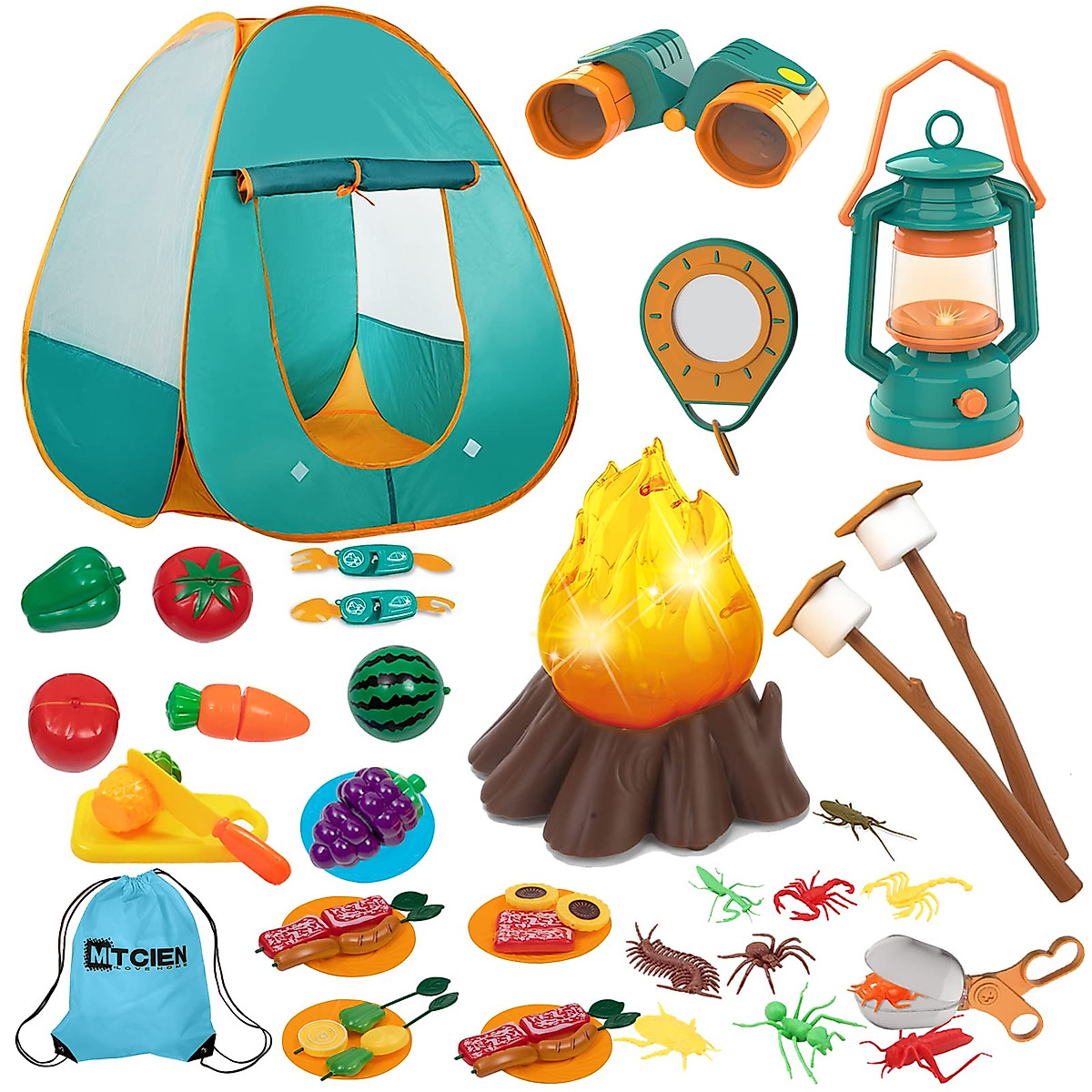 NATURALCAMP Kids Camping Tent with Campfire Pop Up Play Tent Camping Set with Oil Lantern Pretend Fruits Binoculars Toddlers Boys Girls Toys Gift Age 3 4 5 6 + Years Old