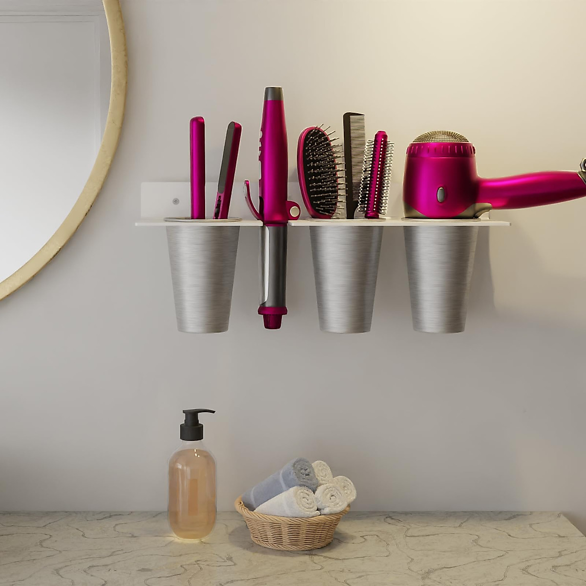 ZASIMO Hair Tool Organizer Wall Mount with 3 Stainless Steel Cup, 4mm Thickened Acrylic Hair Dryer Holder, Bathroom Accessories Storage for Blow Dryer, Curling Wand, Flat Iron, Hair Straighteners