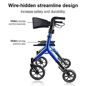 WALK MATE Rollator Walker for Seniors Taller 5.3~7ft with Height-Adjustable Seat, 10 Inch Wheels Wire-Hidden Walkers Compact Folding Design Lightweight Mobility Walking Aid Widen Backrest, Blue